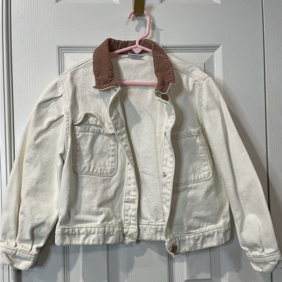 Zara | Jackets & Coats | Zara Girls Cream Denim Jacket With Blush ...